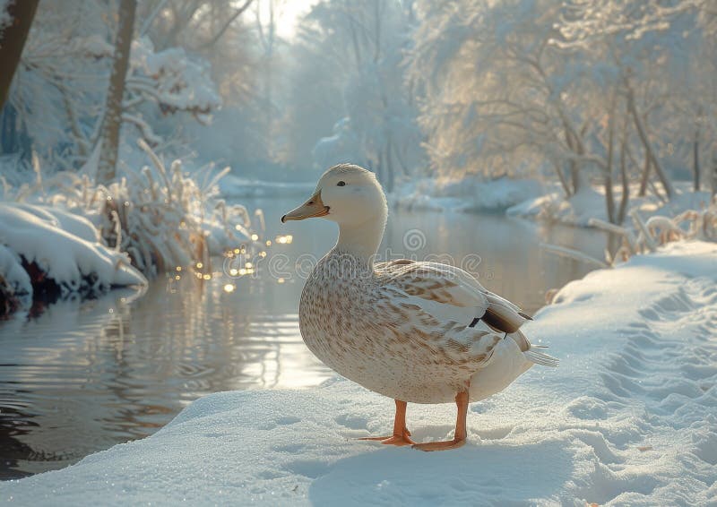 A White Duck Standing in the Snow in the Winter Stock Photo - Image of ...