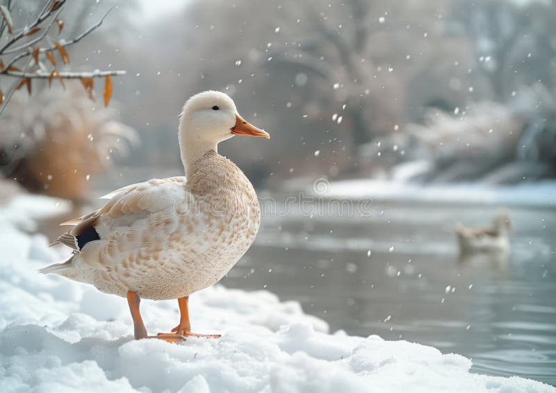 White Duck Stands on the Snow by the River in Winter Stock Photo ...