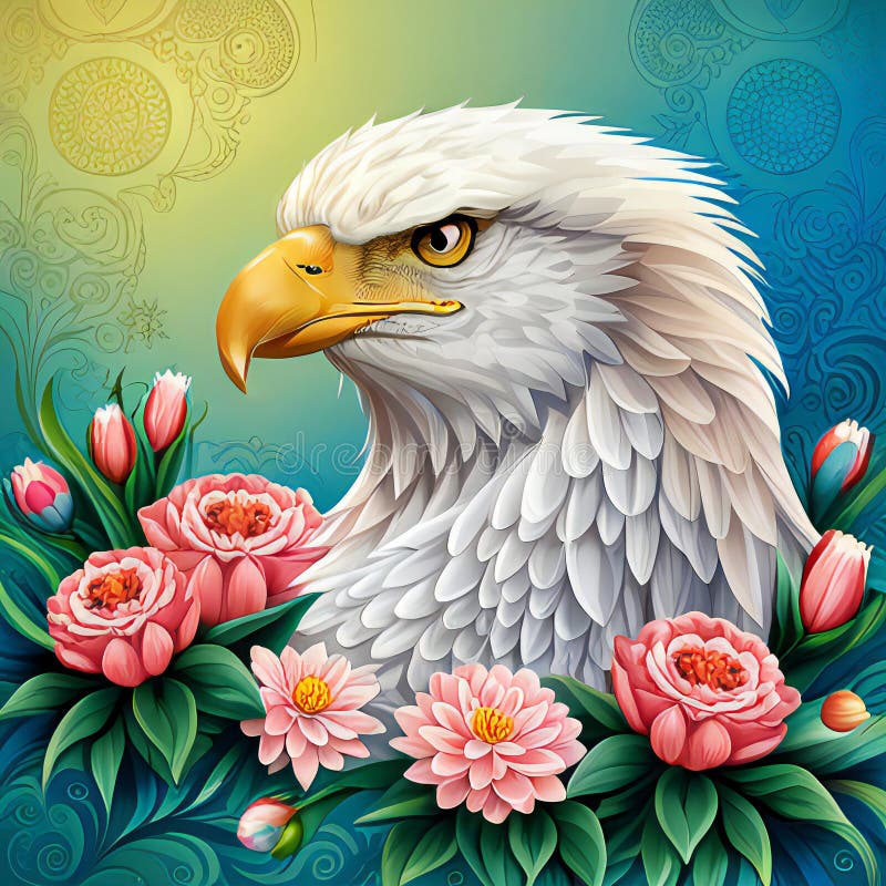 A White Eagle with Yellow Beak is Surrounded by Pink Flowers Stock ...