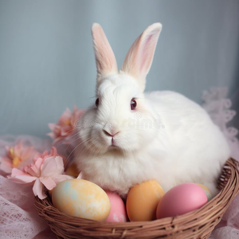 White Easter Bunny in the Basket with Eggs Stock Illustration ...
