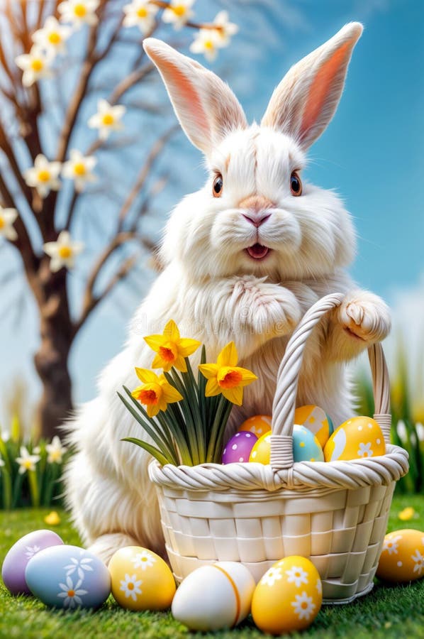White Easter Bunny with a Basket of Flowers and Colored Eggs Around it ...