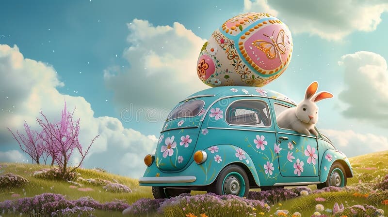 White Easter Bunny is Carrying Large Painted Egg in Retro Car Stock ...