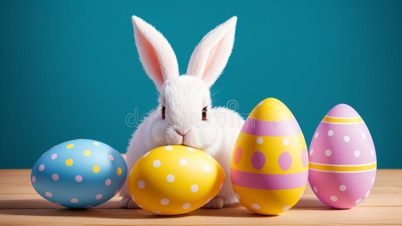 White Easter Bunny with Decorated Eggs and Background AI Generative ...
