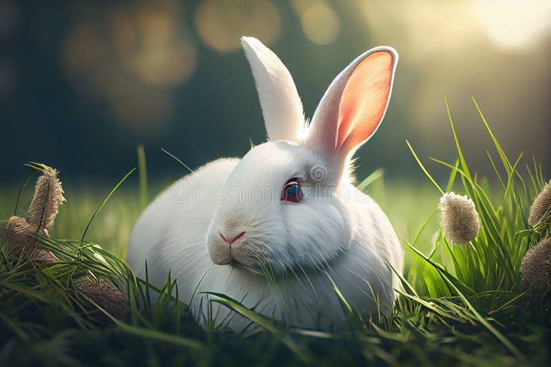 White Easter Bunny in the Grass with Easter Eggs, Generative AI Stock ...