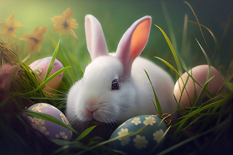 White Easter Bunny in the Grass with Easter Eggs, Generative AI Stock ...