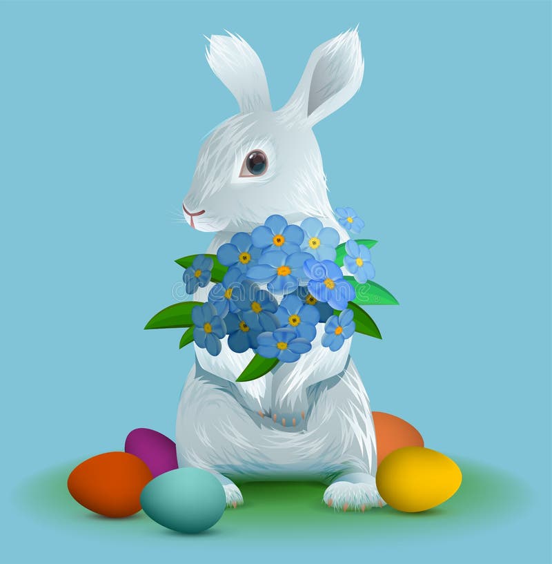 White Easter Bunny Holding Bouquet Flowers of Violets Stock Vector ...