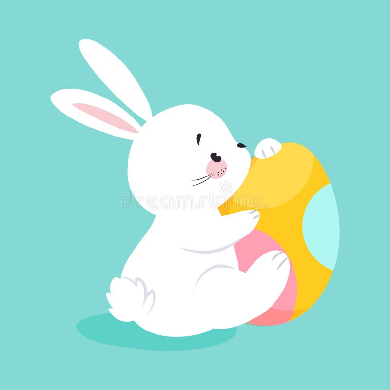 White Easter Bunny Hugging Decorated Egg on Blue Background Vector ...