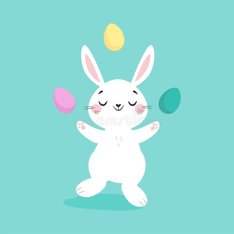 White Easter Bunny Juggling with Colorful Eggs on Blue Background ...