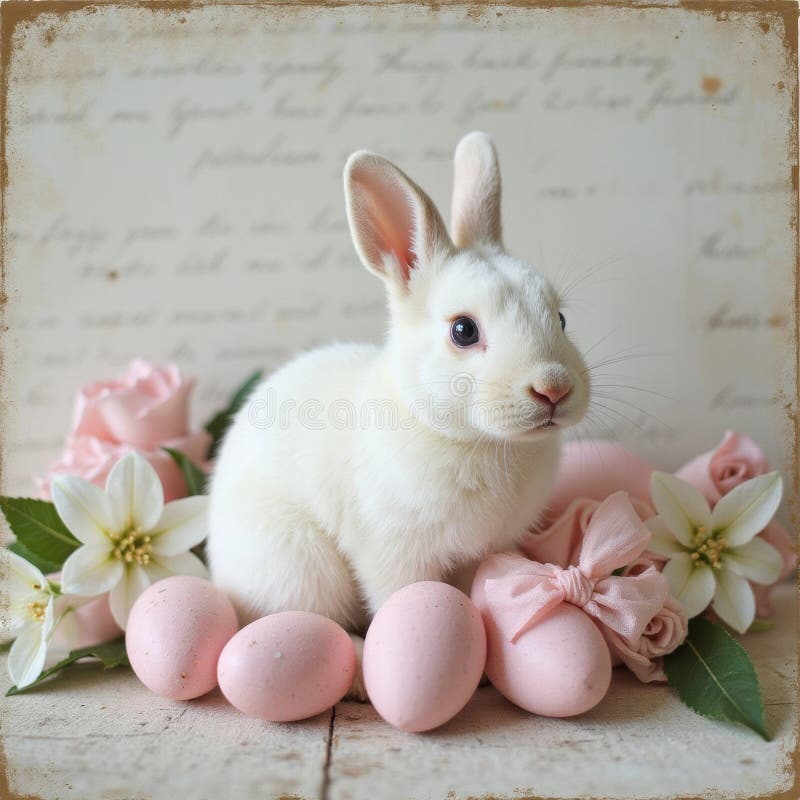 White Easter Bunny with Pink Eggs in a Spring Scene Stock Illustration ...