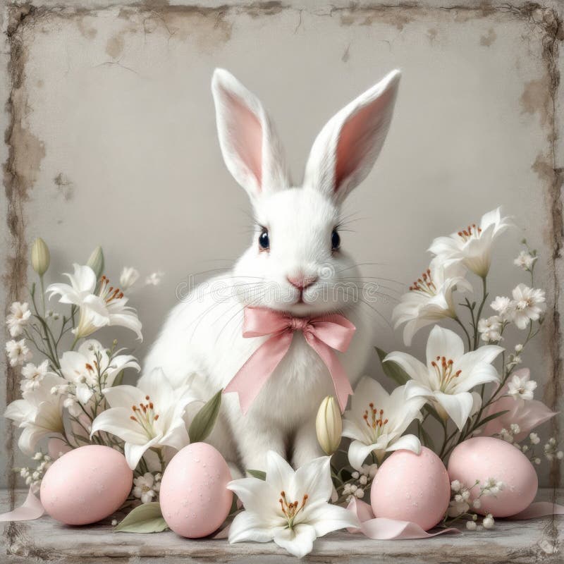 White Easter Bunny with Pink Eggs in a Spring Scene Stock Illustration ...