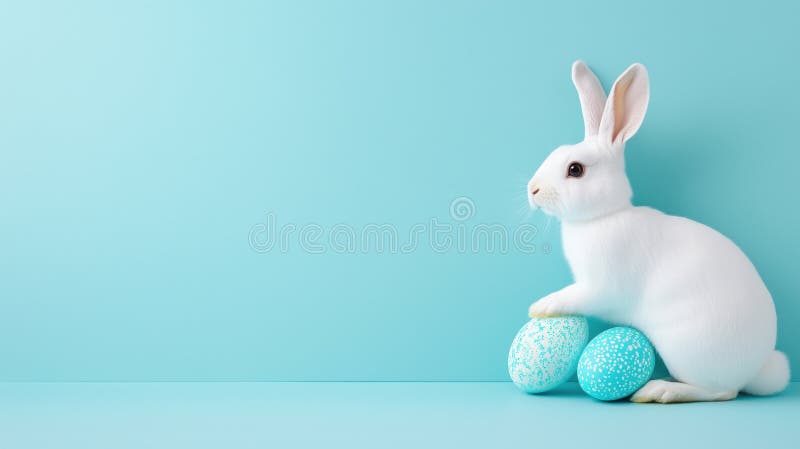 White Bunny Rabbit with Easter Eggs on Light Blue Background with Copy ...