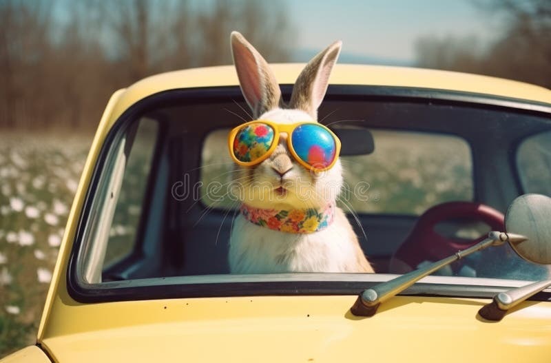 White Easter Bunny Rabbit Sitting in Vintage Car Wearing Sun Glasses ...