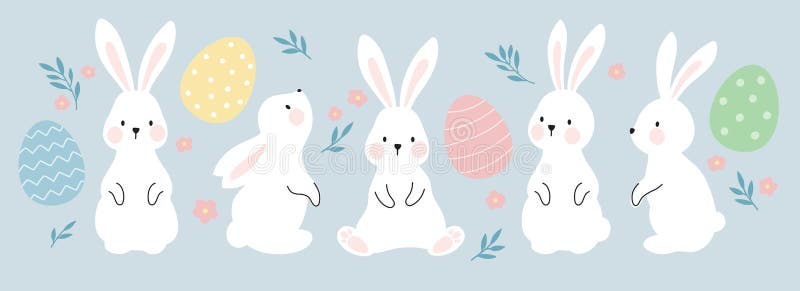 White Easter Bunny Rabbits in Different Poses Vector Illustration Stock ...