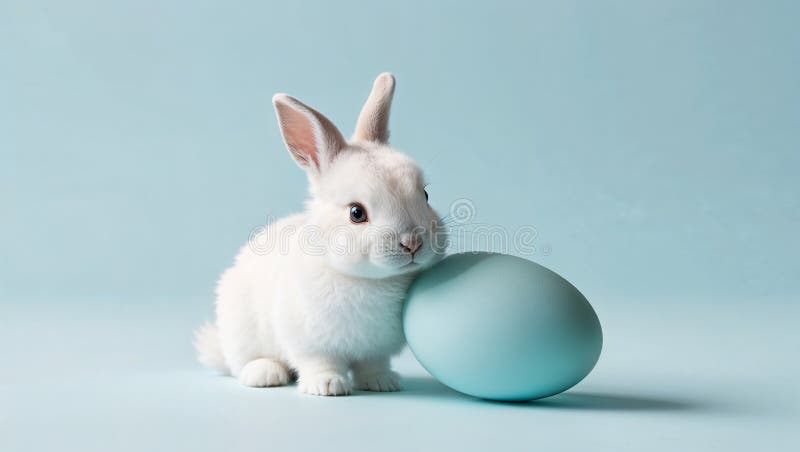 White Easter Bunny Resting on a Light Blue Egg on a Pastel Blue ...