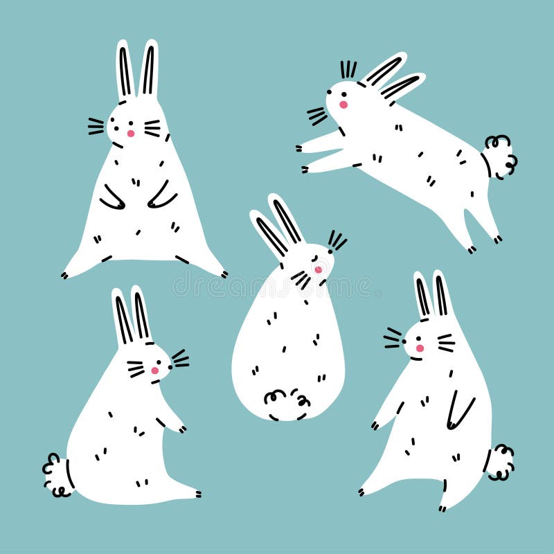 White Easter Bunny Set. Funny Cartoon Rabbit in Different Poses. Flat ...