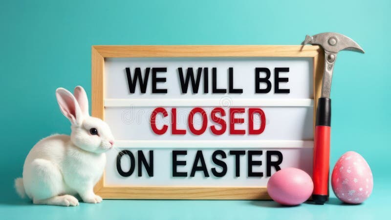 White Easter Bunny Sitting Next To Lightbox Announcing Easter Closing ...