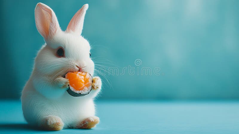 White Easter Bunny and Sushi on a Blue Background, with Extra Space for ...
