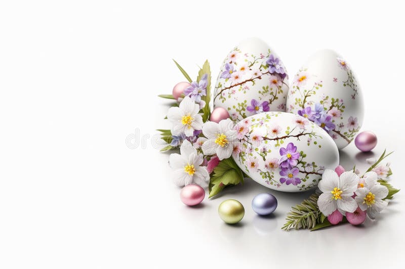 White Easter Eggs with Decorative Floral Pattern and Spring Flowers on ...