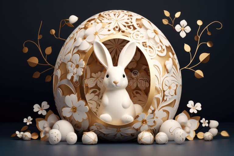 White Easter Eggs with a Golden Pattern with Rabbits. Trend. Concept of ...