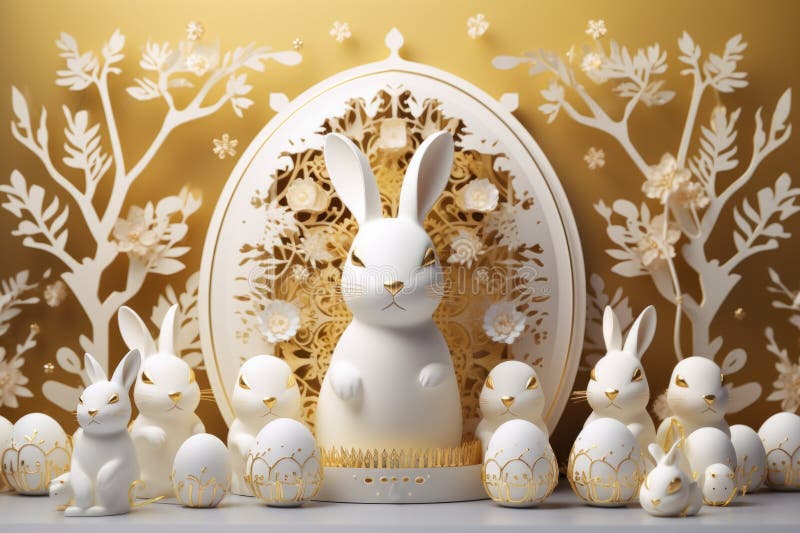 White Easter Eggs with a Golden Pattern with Rabbits. Trend. Concept of ...