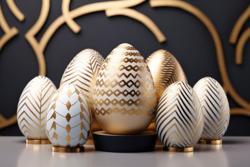 White Easter Eggs with Handmade Gold Pattern. Hand-painted Eggs. Trend ...