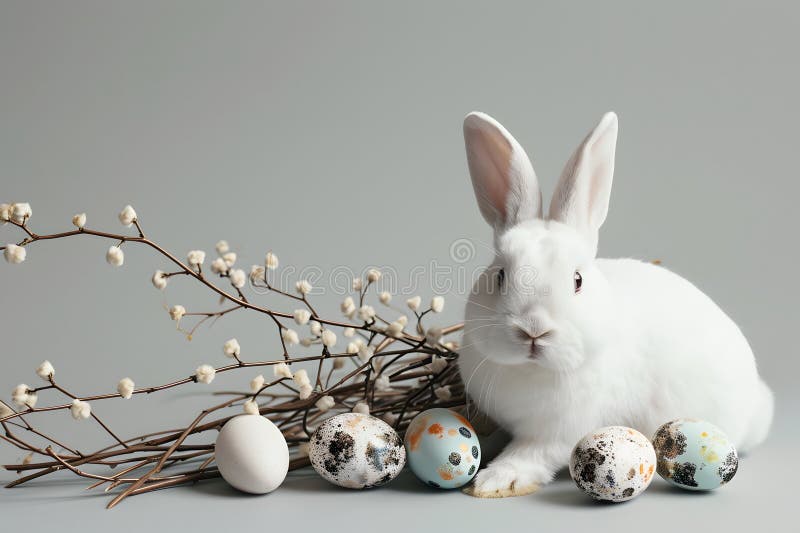 White Easter Rabbit with Eggs Stock Image - Image of basket, grey ...