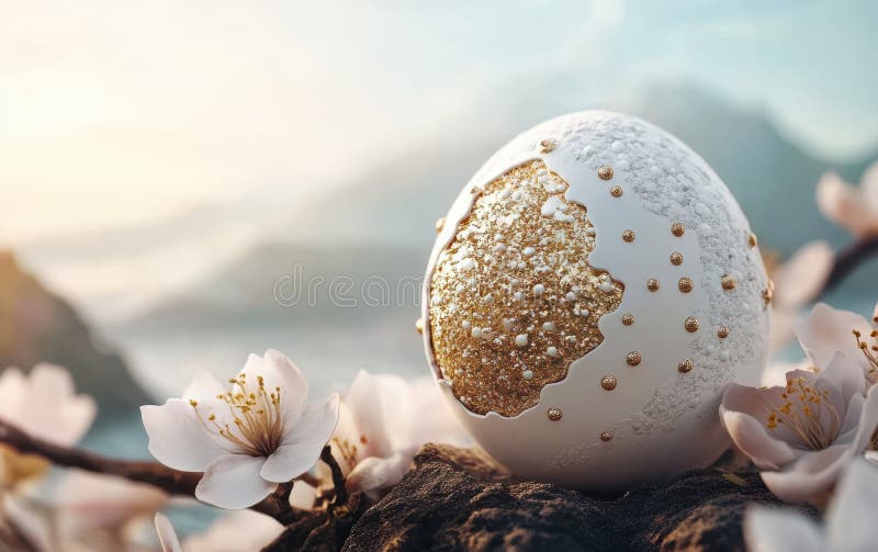 A White Egg Adorned with Gold Paint Rests Gracefully on a Rock. Stock ...