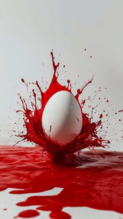 White Egg Splashing into a Puddle of Red Paint, Creating a Crown-like ...