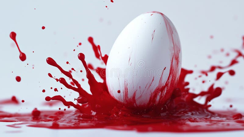 White Egg Splashing into Thick Red Paint on White Background, Creating ...