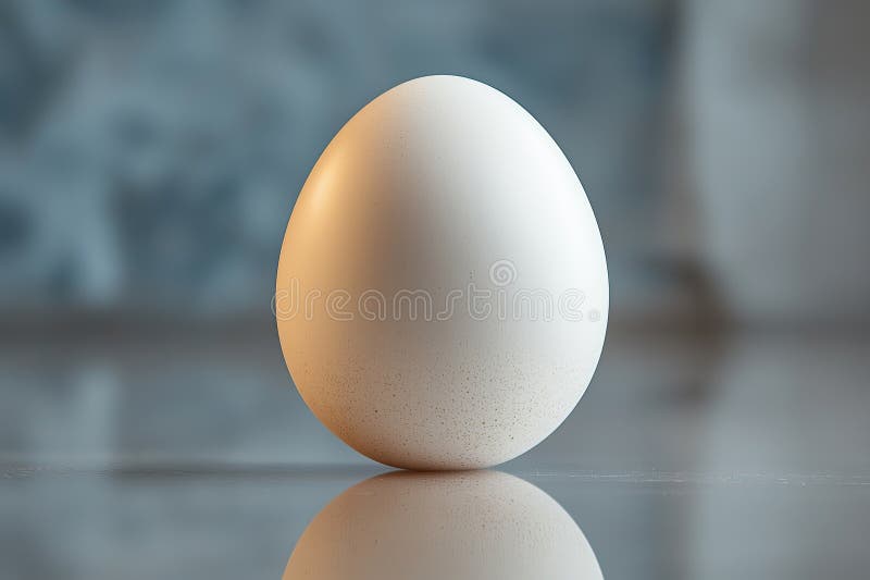 A Single White Egg Balanced on a Reflective Surface Against a Soft ...