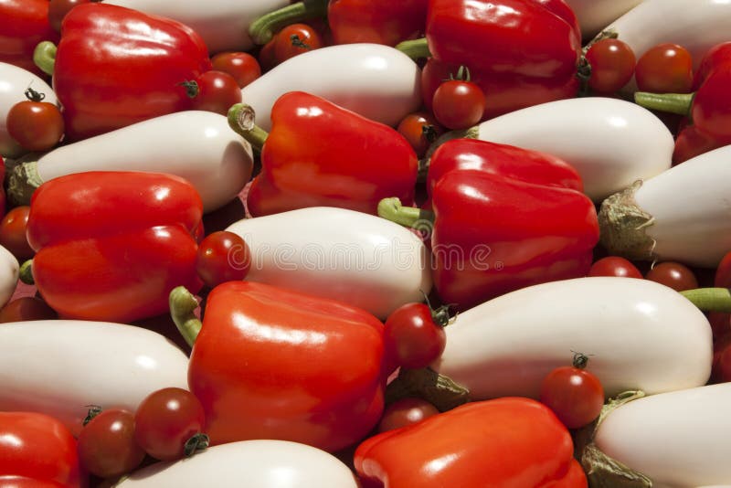 White Eggplants Red Bell Pepper Tomato Background Stock Photo - Image ...