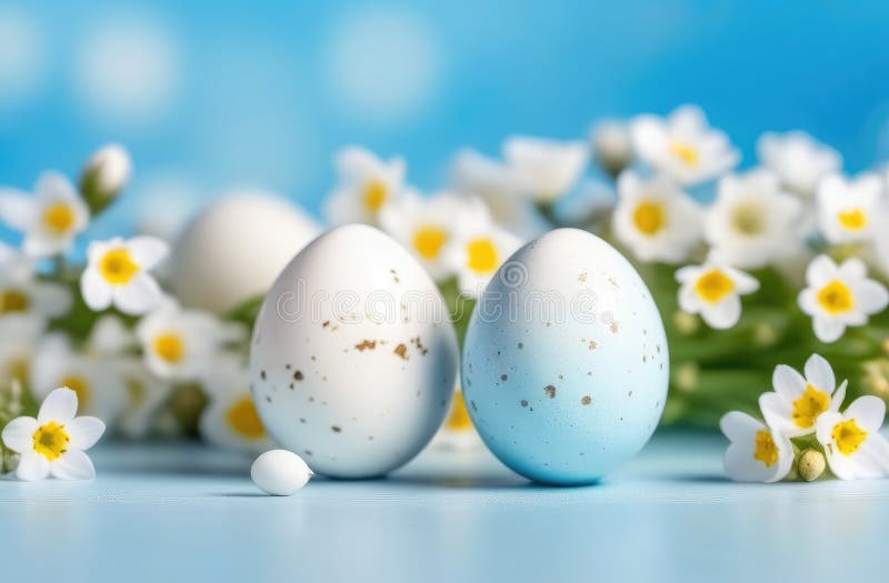 White Eggs on a Light Blue Background. White Flowers, Easter Background ...