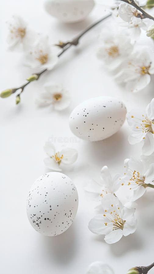 White Eggs Surrounded by Soft White Blossoms, White Background, Easter ...