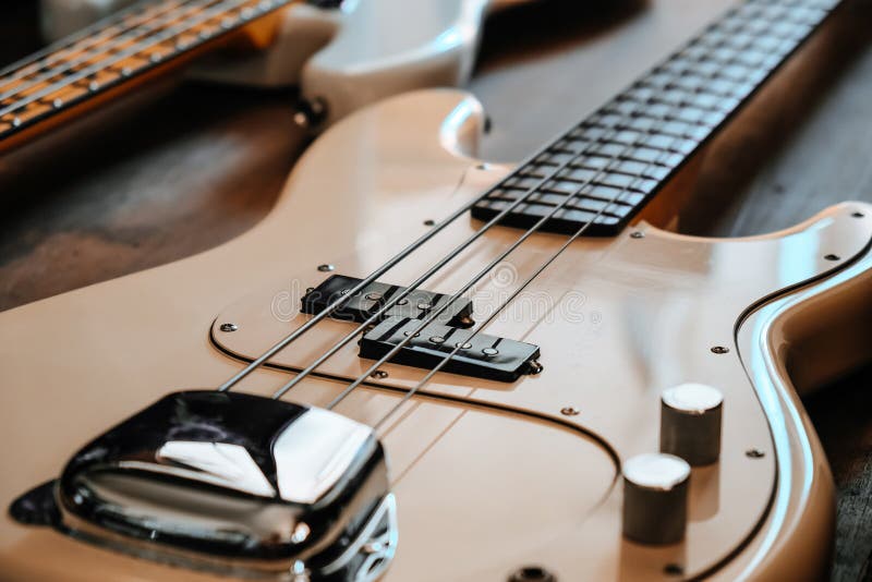 White Electric Bass Guitar Closeup Stock Photo - Image of metal, rock ...
