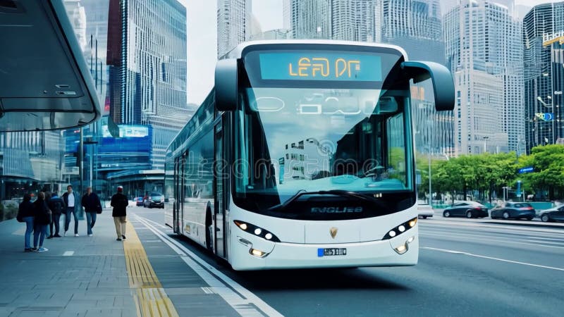 White Electric Bus Pulling into City Bus Stop Stock Video - Video of ...