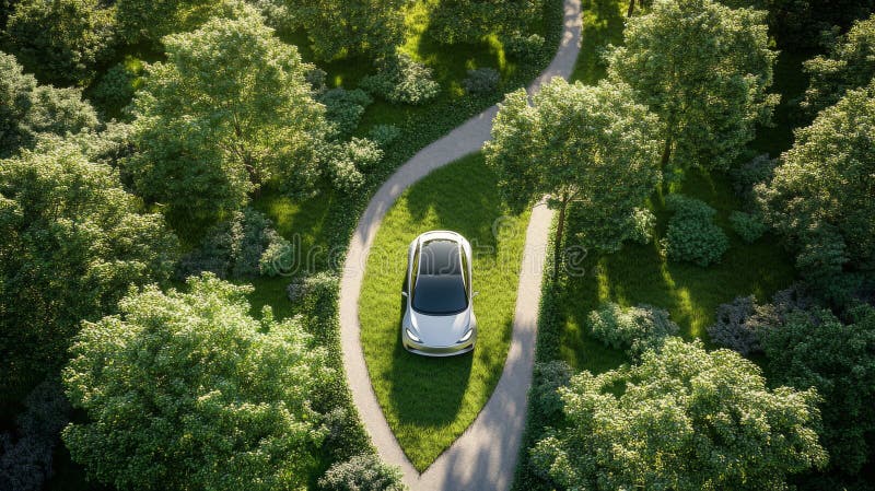 White Electric Car on Winding Path in Lush Green Forest Stock ...