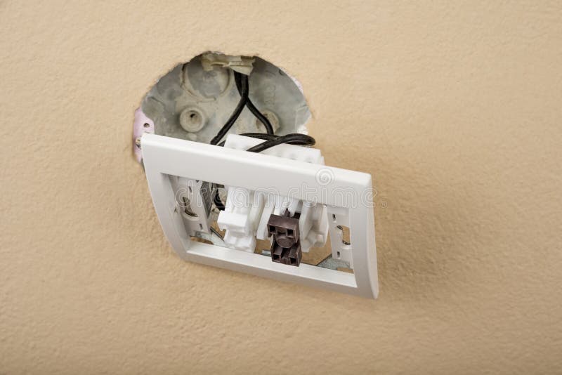 White Electric Switch with on a Wall and without Cover Stock Photo ...