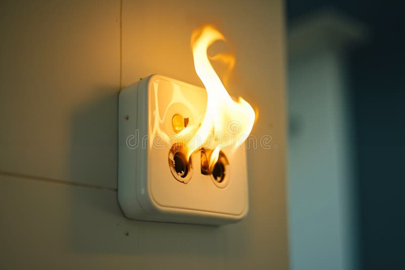 A White Electrical Outlet with a Flame Coming Out of it Stock Image ...