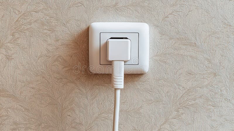 White Electrical Outlet with Plug on Light Textured Wall Surface Stock ...