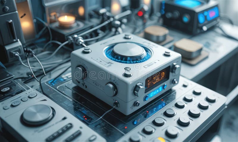 A White Electronic Device Sits on a Table with Other Electronic Devices ...