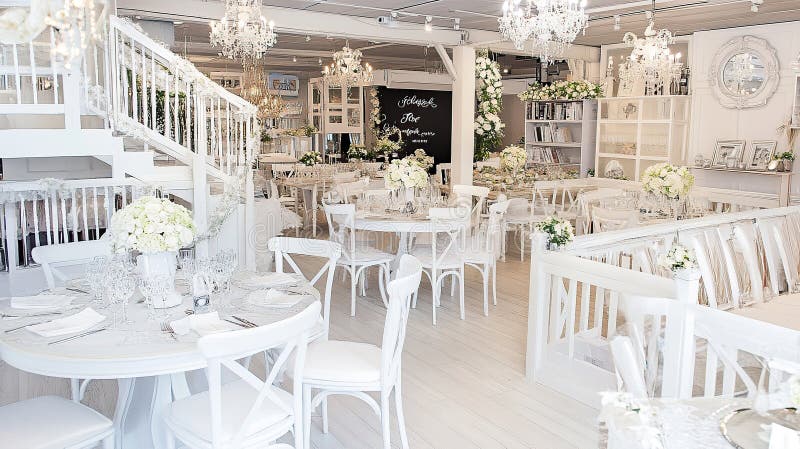 White Elegant Event Space, Showroom Tables, Chairs, Stairs Stock Photo ...