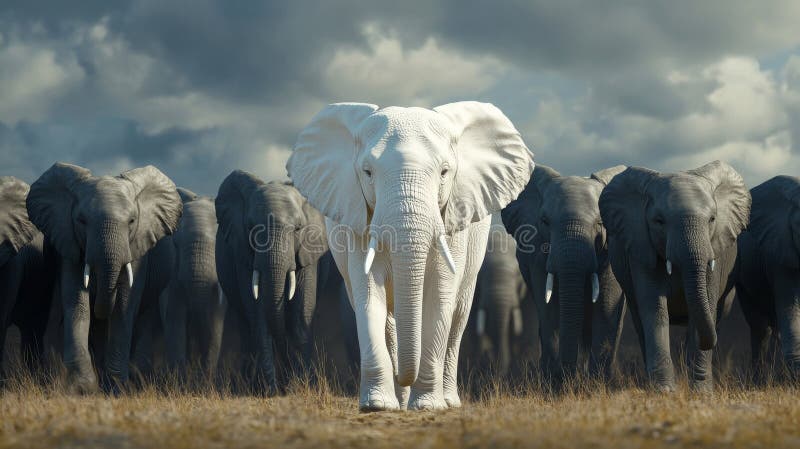 White Elephant Leading a Herd of Gray Elephants Under Dramatic Cloudy ...