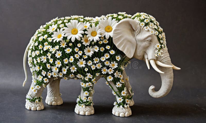 A White Elephant Sculpture is Covered in Daisies and Greenery Stock ...