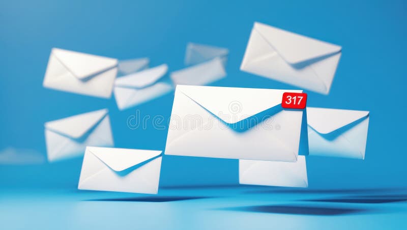 White Email Envelopes Floating on Blue Background with Notification ...