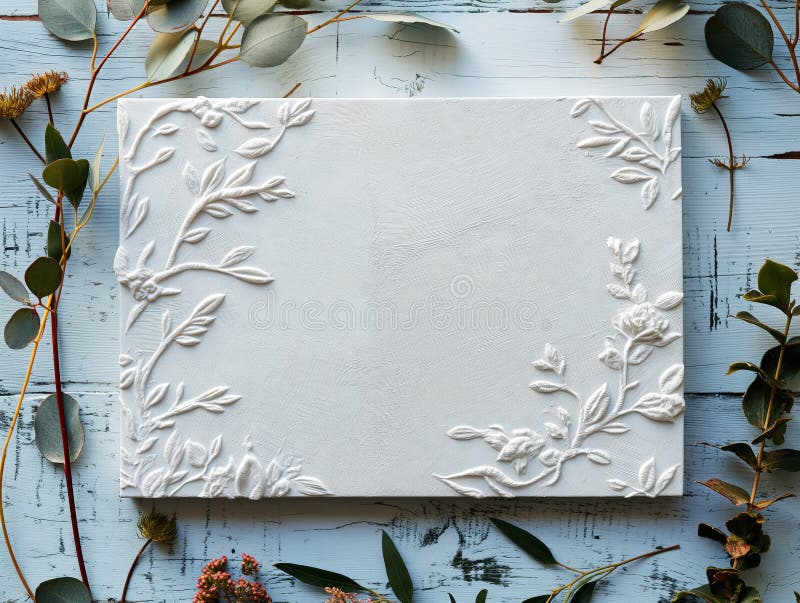 White Embossed Floral Canvas on Rustic Blue Wooden Background Stock ...