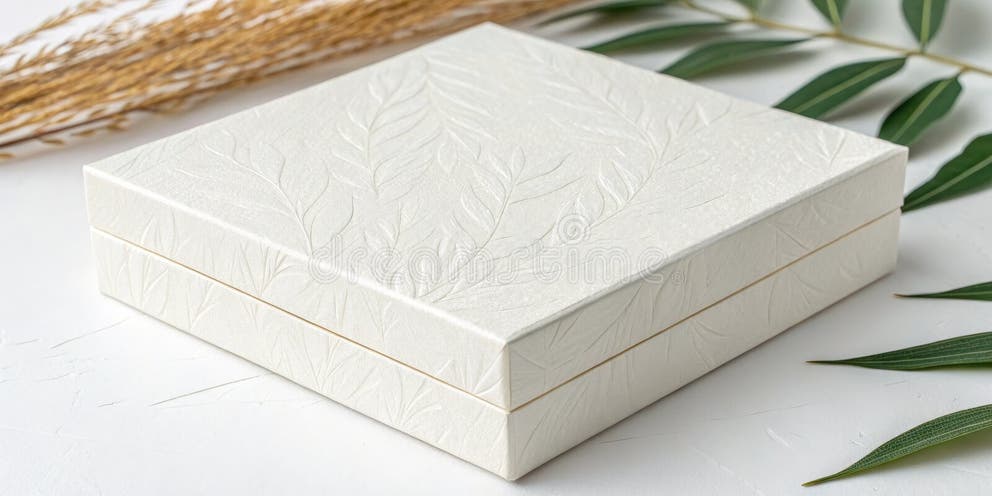 White Embossed Leaf Box Mockup Square Composition, Nature Concept, Gift ...