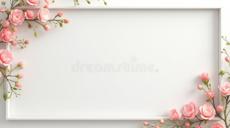 White Empty Frame Decorated with Pink Flowers on Neutral Background ...