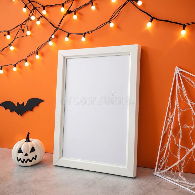 White Empty Frame in Orange Solid Color Studio Scene Stock Illustration ...