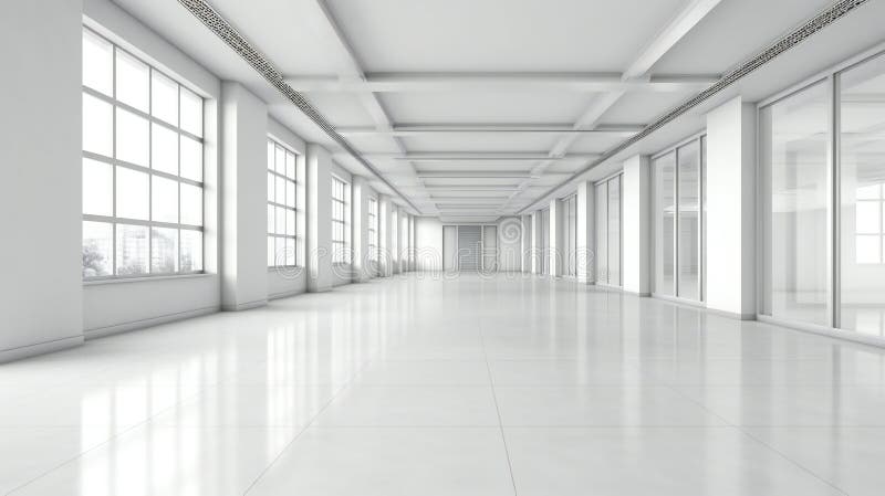 White Empty Hall with Windows and Tiled Floor, Stock Illustration ...