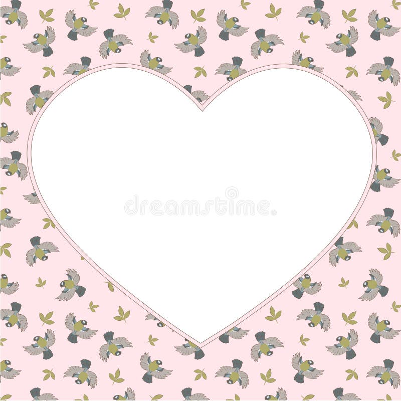 White Empty Heart on a Background of a Pattern with Birds and Leaves ...